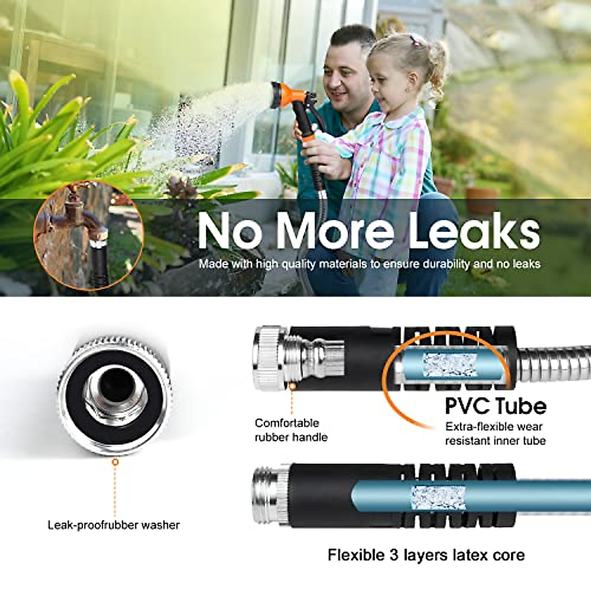 HDKing Garden Hose 50 FT - Flexible Metal Hose with 10 Function Nozzle, Kink Free, Lightweight, Durable, Crush Resistant Fitting, Easy to Coil, Puncture Proof Hose for Yard, Rv, 600 PSI - 2024 Model