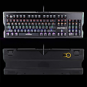 ENHANCE Pathogen Gaming Keyboard - Blue Switch Mechanical Keyboard with Fast 0.2ms Polling, Water & Dust Resistant, NKRO & Anti-Ghosting, Removable Wrist Rest, Ergonomic Keyboard Rainbow LED 9 Effects