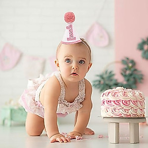 VAVAYAO First Birthday Hat for Baby Girls - First Birthday Cone Hat Pink,1st Birthday Party Hat,Cake Smash Photo Prop,Hot Pink Hat for Party,Kids Theme Party Decoration Supplies