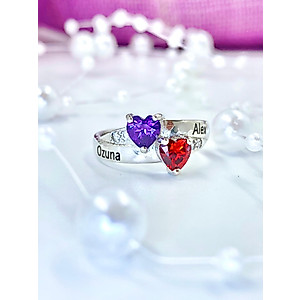 PaulaMax Jewelry Promise Rings for Her – Custom Birthstone Ring for Women in Sterling Silver – Personalized 2 Heart Birthstones, Size 8