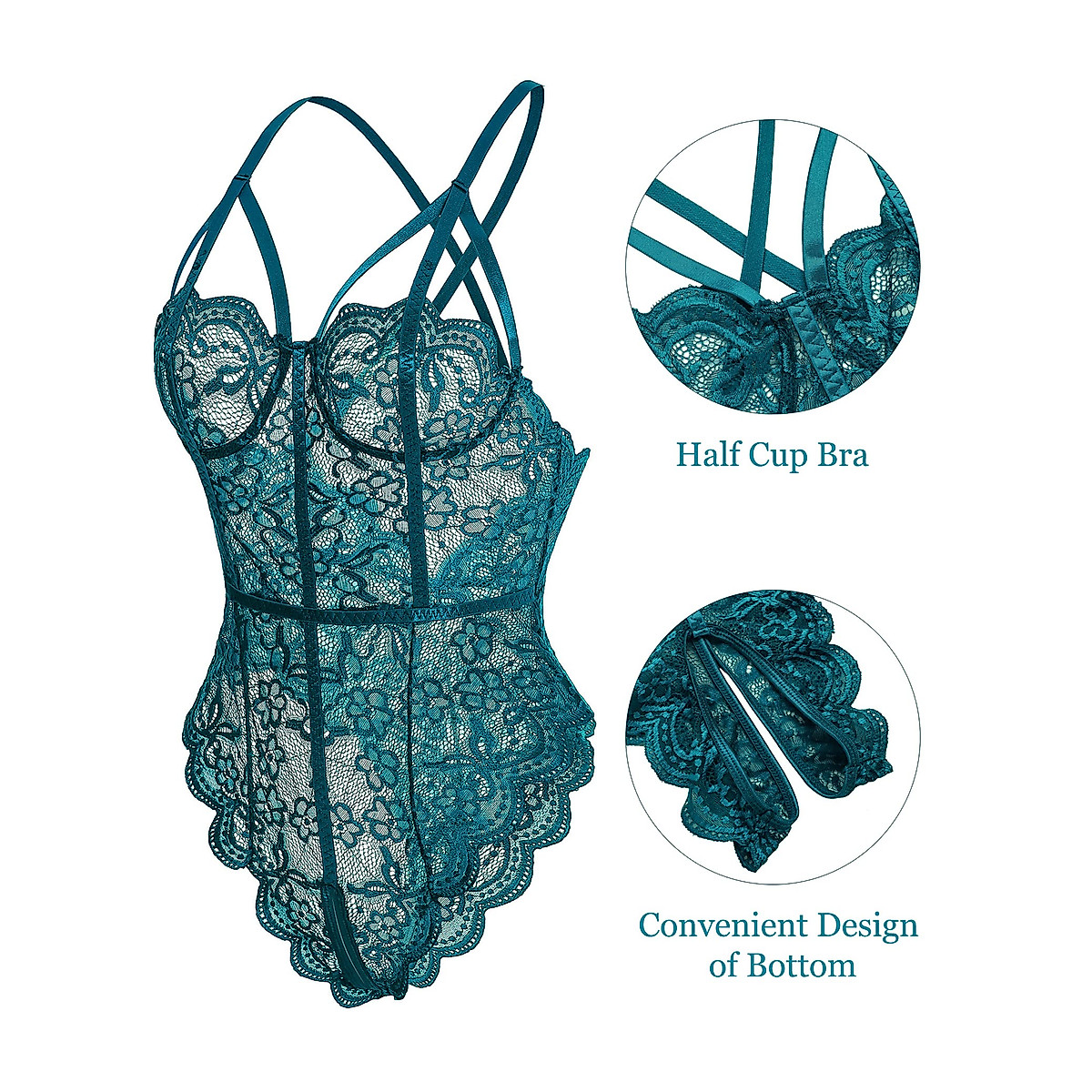 klier Lingerie for Women One Piece Teddy Floral Lace Bodysuit Babydoll Chemise Sleepwear Dark Green