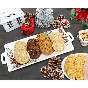 AuldHome Christmas Greenery Ceramic Platter; Long Rectangular Holiday Decorative Serving Tray