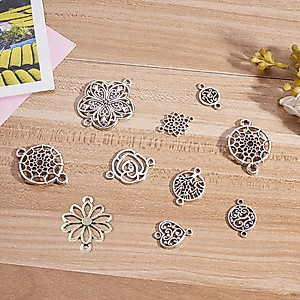 SUNNYCLUE 1 Box 60pcs Assorted Connector Charms Flower Tree of Life Charms Dream Catcher Antique Silver Chakra Heart Linking Connectors Charm for Jewelry Making Charms DIY Craft Supplies Accessories