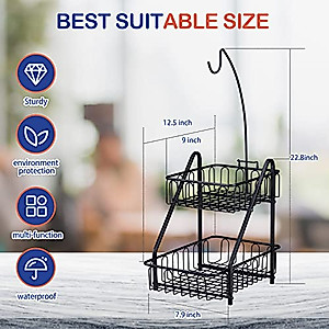 KYCREAL 2-Tier Fruit Basket Bowl for Kitchen Counter, Banana Holder,Fruit Vegetable Bowl Stand with Removable Banana Hanger, Metal Wire Fruit Vegetable Storage ,Black