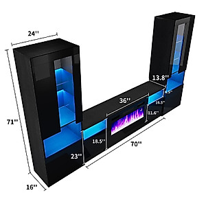 AMERLIFE Fireplace Entertainment Center Set, Includes 70" Fireplace TV Stand & 2 LED Highgloss Bookcases, Modern Storage Cabinets for TVs up to 80", Black