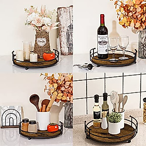 Honiter Wooden Serving Tray, Decorative Tray for for Coffee Table Centerpieces, Coffee Table Tray, Wood and Metal Serving Tray with Handles, Round Tray, Farmhouse Ottoman Tray for Kitchen Countertop