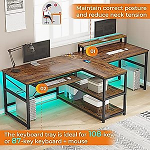 SEDETA 94.5" Home Office Desks, Computer Gaming Desk with Storage, LED Lights, Power Strip with USB, Keyboard Tray & Monitor Stand, Extra Long Double Desk for 2 Person, Rustic Brown