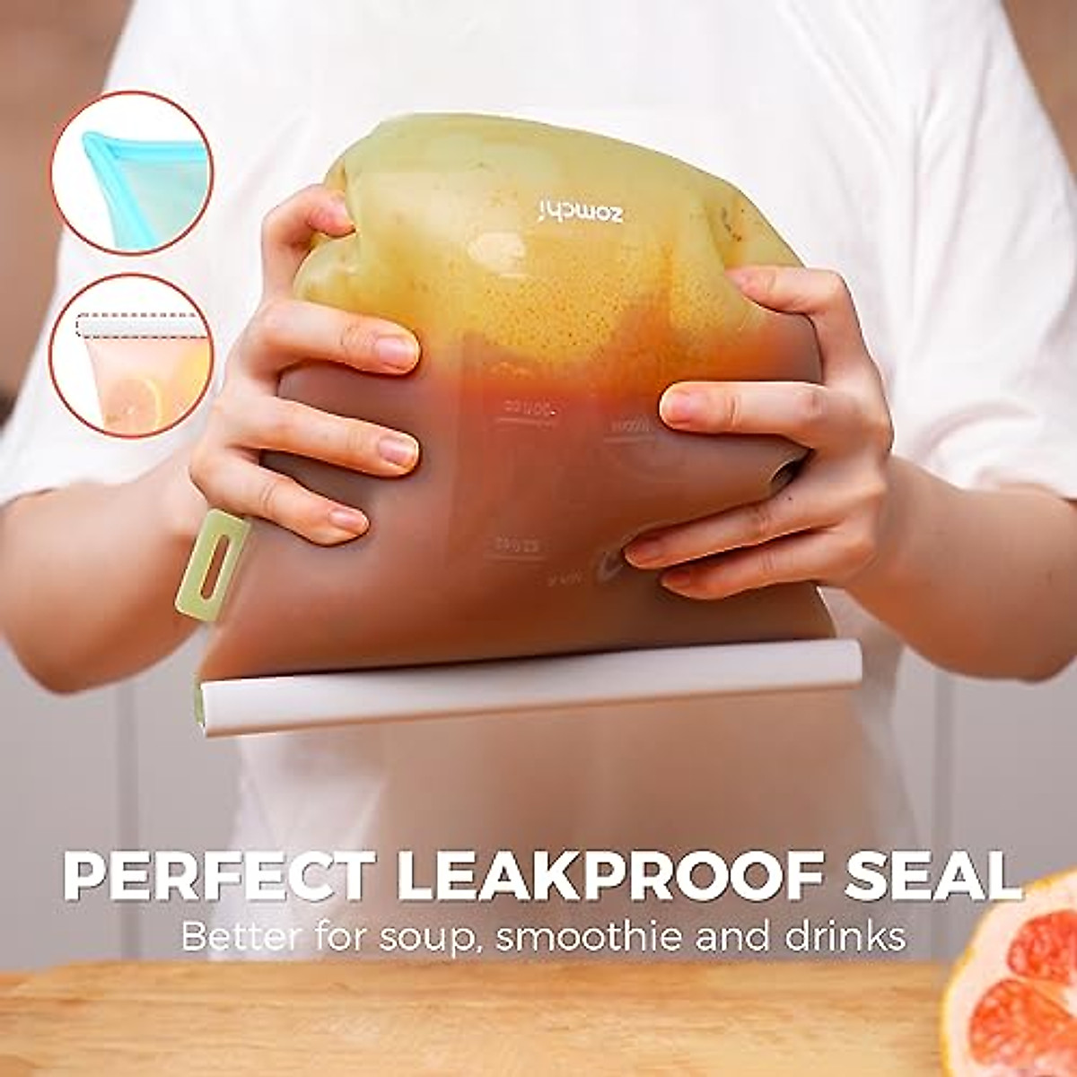 ZOMCHI Silicone Reusable Food Storage Bags, Leakproof Reusable Sandwich Containers, Snack Bags, Microwave Dishwasher Oven Freezer Safe, Food Grade Storage Bag for Meal Prep,Cereal,Fruit, 3 Pack, 33.82oz