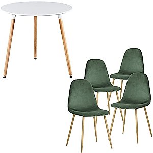 GreenForest Dining Table White Modern Round Table with Wood Legs, Velvet Dining Chairs Set of 4，Dining Kitchen Room Chairs with Metal Legs