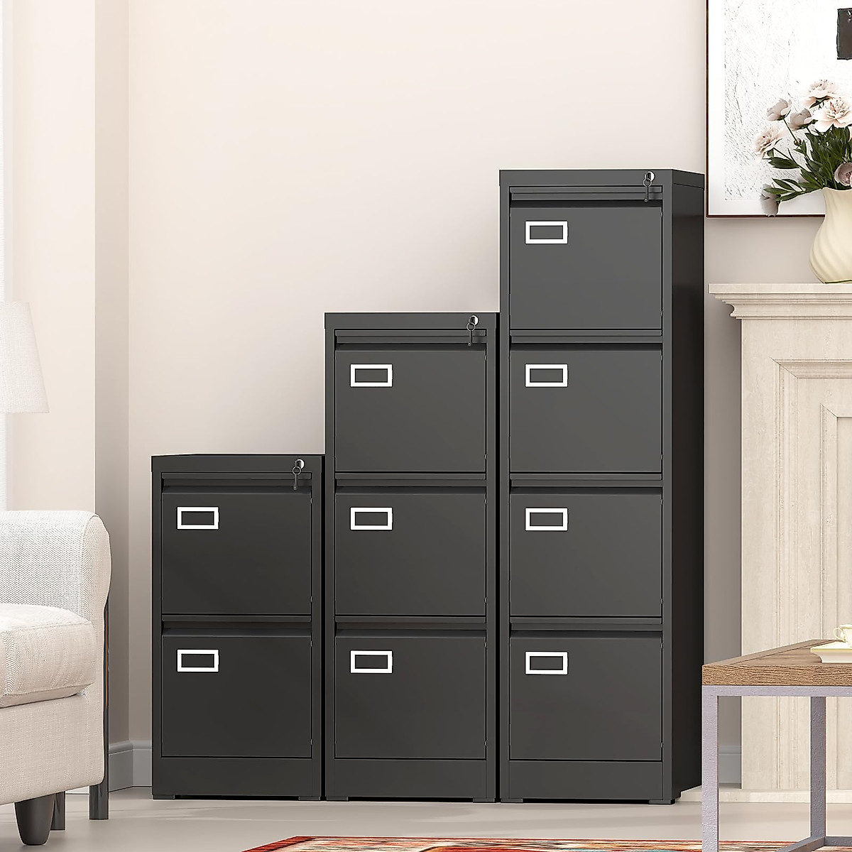 GREATMEET 3 Drawer Mobile File Cabinet with Lock,Under Desk Drawer Metal Filing Cabinet for Legal/Letter Size,Fully Assembled Black