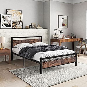 JURMERRY Full Size Metal Bed Frame with Wooden Headboard and Footboard Heavy Duty Steel Mattress Foundation/Rustic Country Style/Easy Assembly,Black