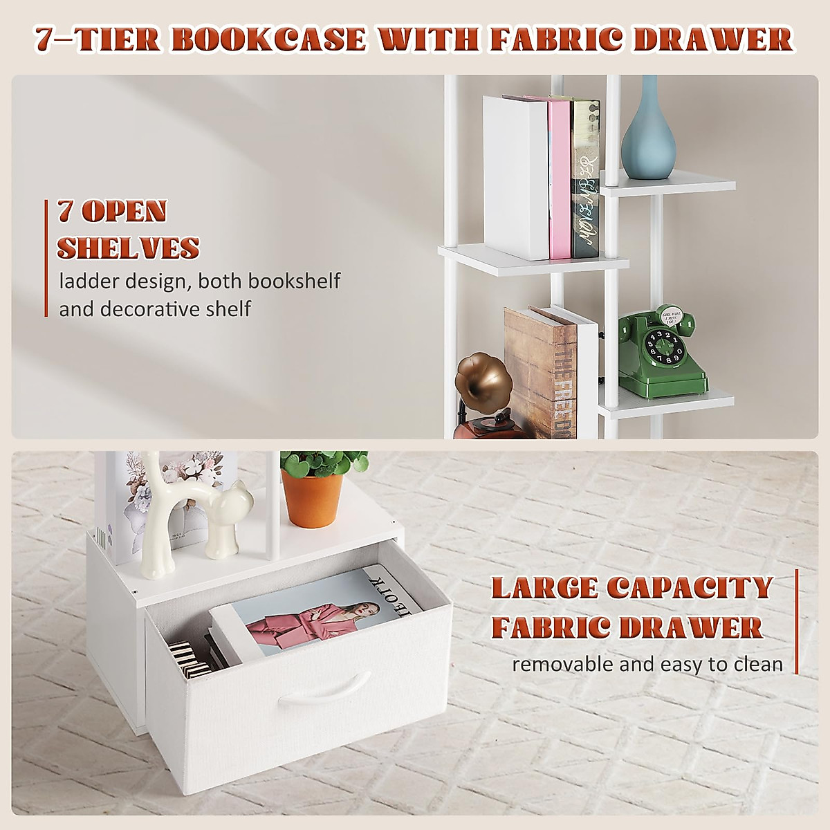 Vrisa 7 Tier Bookshelf with Storage Bookcase with Fabric Drawer Morden Book Shelf Wood Display Shelf Storage Organizer Freestanding Open Shelf Unit for Living Room, Bedroom, Home Office, White
