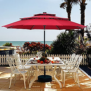Saemoza 10ft 3 Tiers Patio Umbrella with Solar Powered, Outdoor Market Table Umbrella with 40 LED Lights, Push Button Tilt, Crank and 8 Ribs for Garden, Backyard and Pool (Red)