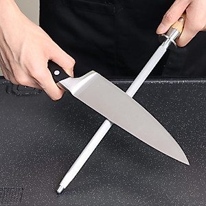 Cohesion Knife Sharpener Rod for Kitchen Knife Daily Sharpener Maintenance, 10 Inch Carbon Steel Professional Knife Sharpening Rod Honing Steel with White Oak Wood Handle