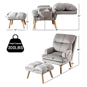 CANMOV Modern Accent Chair with Ottoman, Soft Fabric Armchair with Adjustable Backrest and Side Pockets, Comfy Lounge Chair for Living Room, Bedroom, Apartment, Office, Grey