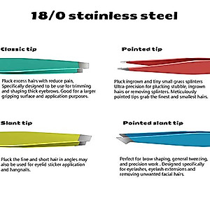 Precision Tweezers Set 4-Piece Muticolor Professional Stainless Steel Tweezers, LaVieEn 4 Pack Tweezers Precision for Eyebrows, Splinter and Ingrown Hair Removal with Rose Gold Leather Travel Case