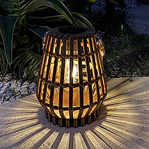 Outdoor Solar Lanterns Hanging - Bamboo Table Light Decorative Landscape Lamp Rattan Natural Lantern Rustic Woven Lantern with Edison Bulb for Indoor Tabletop Patio Garden Pathway Yard Wedding