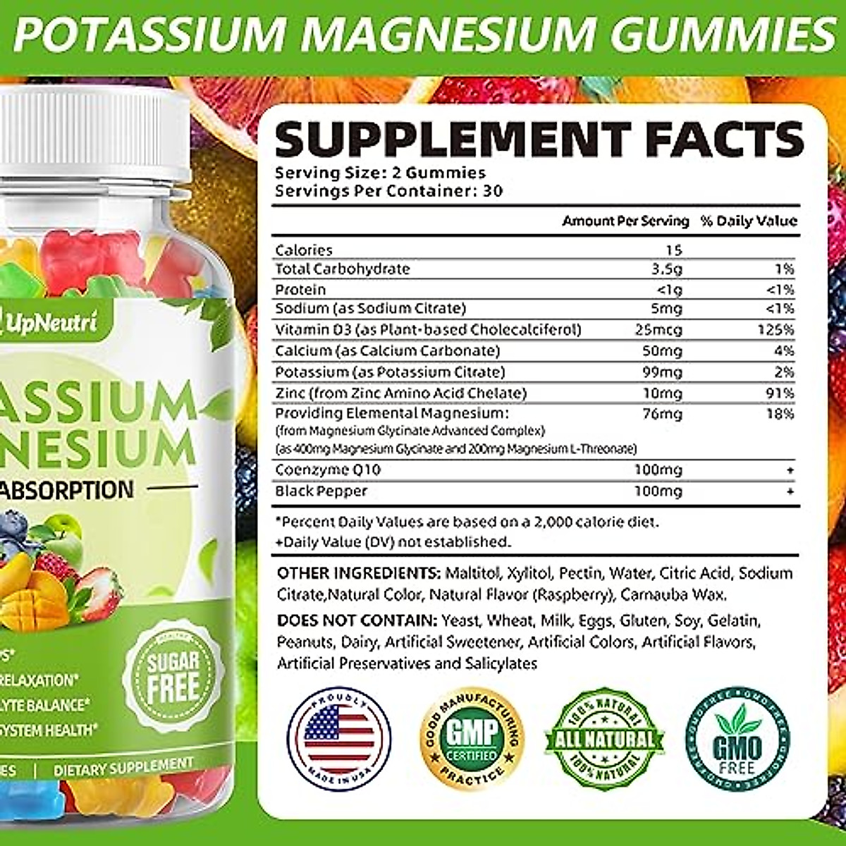 Potassium Magnesium Supplement Gummies for Adults Kids, Sugar-Free Potassium Gummies Supports Leg Cramps & Muscle & Immune Health, High Absorption Vegan Magnesium Gummies 5 Fruit Flavor 60 Cts