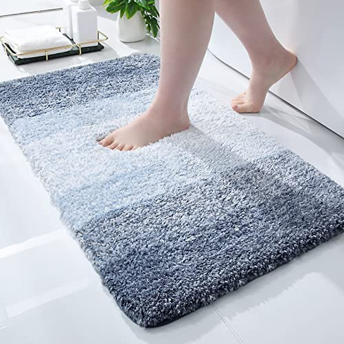 OLANLY Ombre Bath Rug and Toilet Rugs U-Shaped, Bath Rug Size 16x24 and Toilet Rugs Size 20x24 in Blue, 2 Item Bundle
