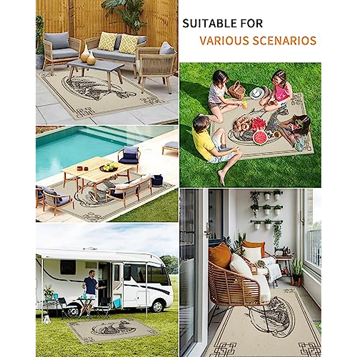 Indoor/Outdoor Area Rug Thanksgiving Turkey Retro Lines Border Carpet for Patio/Backyard/Porch/Deck, Sketch Black Food Camping RV Rugs Mat Water Absorb Non-Shedding Home Floor Pad-4'x6'