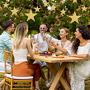 24pcs Gold Cardboard Stars Shining Cutouts Paper Stars Glitter Hanging Stars Decorations Confetti Cutouts Star Wall Decor 6/12/20/30cm & 50m Hanging Line for Valentine's Day Movie Night Party Decor