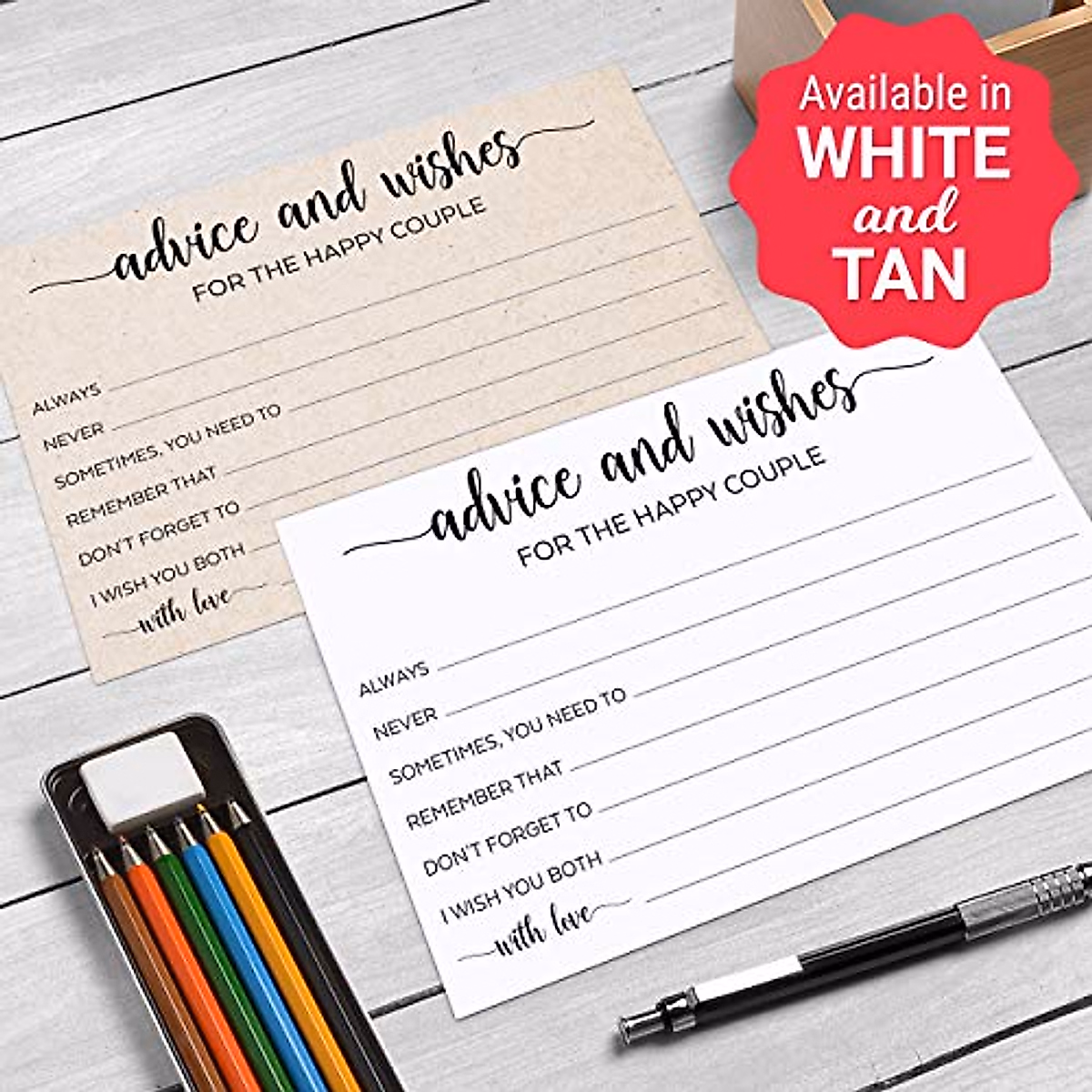 321Done Wedding Advice Cards - Advice and Wishes for The Happy Couple (50 Cards) 4" x 6" for Marriage Advice with Prompts Simple Elegant - Made in USA, Kraft Tan - Bridal Groom