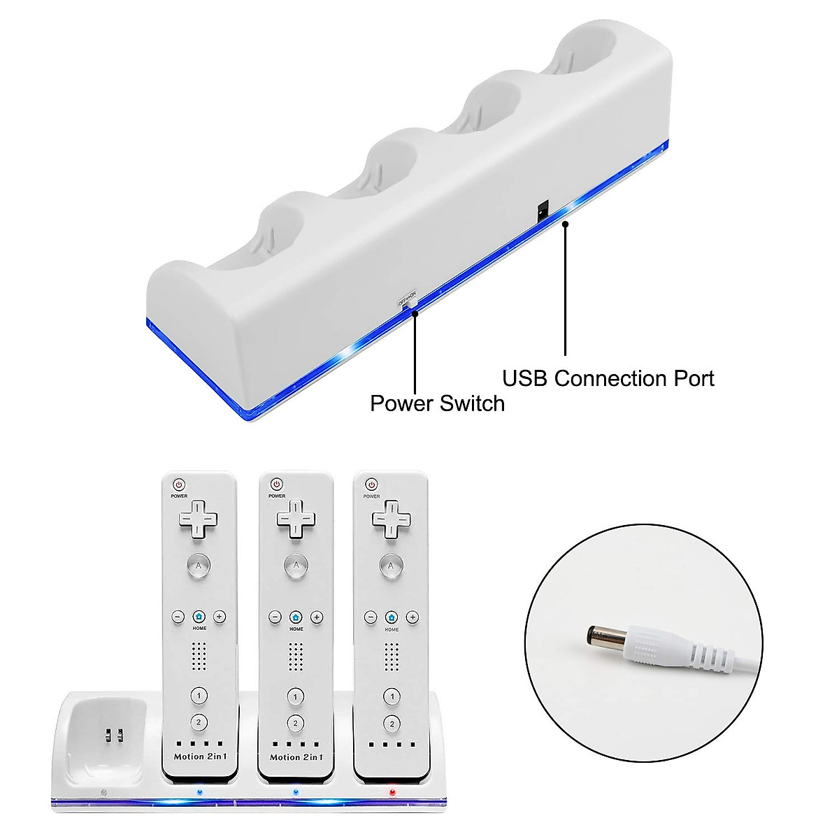 Upgraded Wii Remote Controller Covanm 4 Port Wii Charging Station with 4 Rechargeable Battery for Wii (4 Port Charging Station+4 Replacement Batteries+USB Cable+Free USB Wall Charger