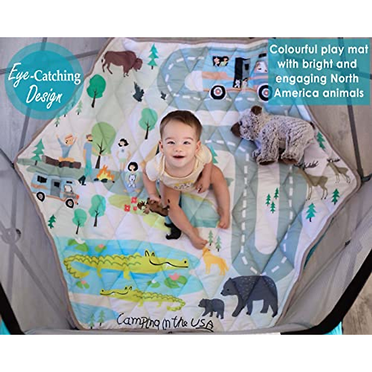 Hexagon Playpen Mat, Baby Play Mat, Fits Regalo Portable Play Yard 48 inch, Hiccapop 53”, Teepee mat, Play Pen mat 52”x45”, Hexagonal Play Mat, Non Slip Pat Mat (Camping in The USA)
