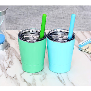 Colorful PoPo Cute Stainless Steel kids cup Straw Cups for Toddlers, Mini Insulated Tumblers with Lids for Smoothie Milk, Set of 2 (Teal Mint, 8.5 OZ)
