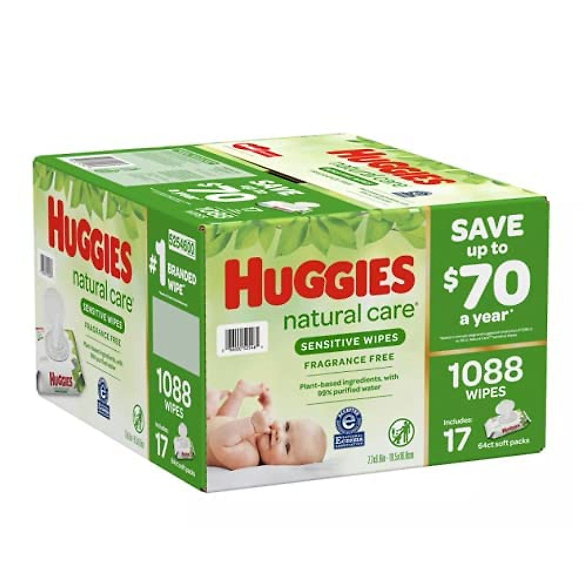 Huggies Sensitive Wipes Fragrance Free, 17 Flip-Top Packs, 64 ct, 1088 Wipes
