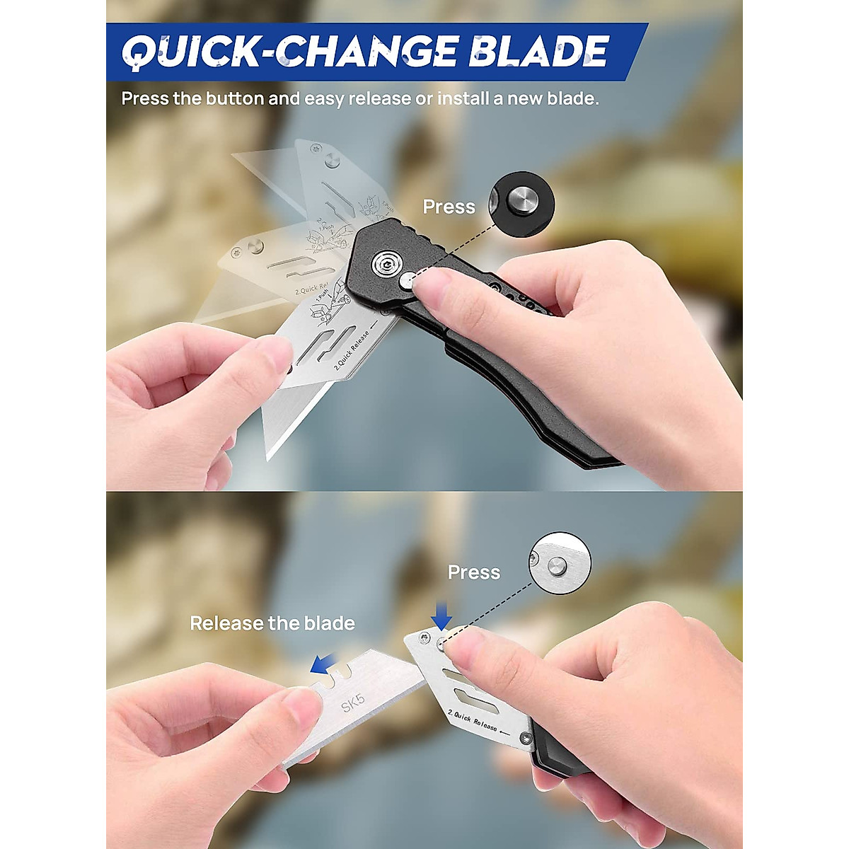 2 Pack BIBURY Utility Knife, Heavy Duty Folding Box Cutter, Pocket Carpet Knife with 20 Extra SK5 Stainless Steel Blades, Easy Release Button, Belt Clip, Quick Change, Blade Storage in Handle Design