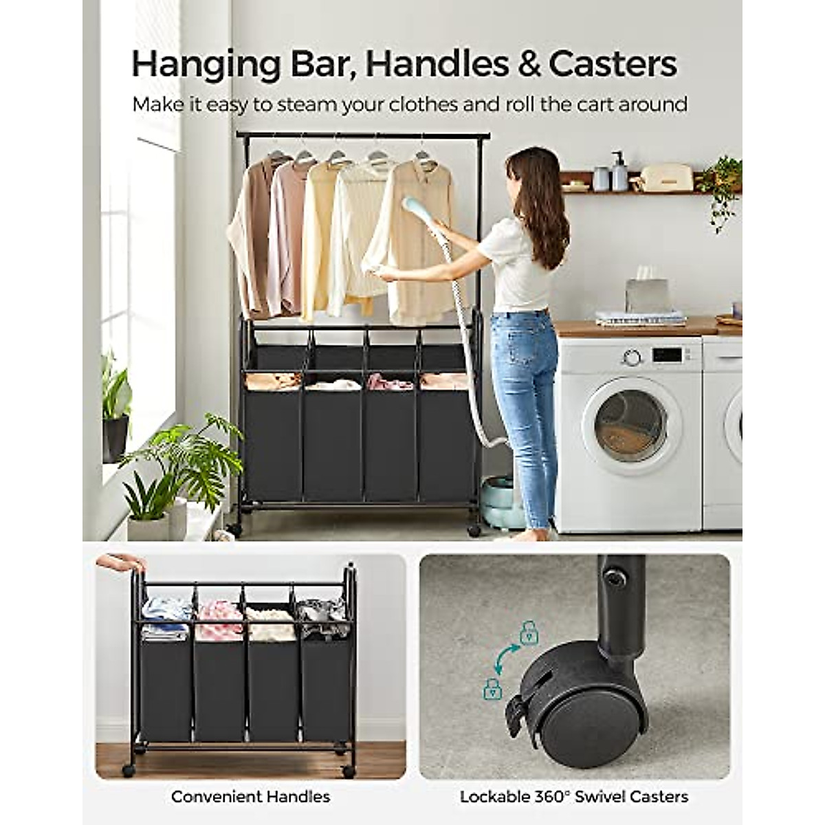 SONGMICS 4-Section Laundry Sorter, Rolling Laundry Cart with Hanging Bar, Laundry Organizer, Hampers for Laundry, Heavy-Duty, Lockable Wheels, 4 x 13.2 Gal., Black URLS44B