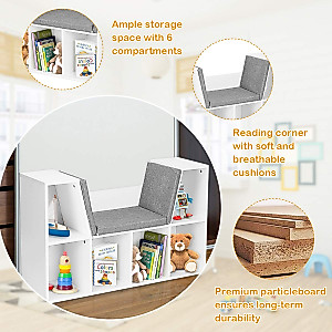 HONEY JOY Reading Nook Organizer with Seat Cushion, Kids Bookcase with Reading Nook, 6-Cubby Wooden Corner Storage Shelf Book Nook for Playroom Bedroom Decor (White)