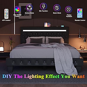 Forrise King Size LED Platform Bed Frame with Adjustable Headboard, Modern Bed Frame with Charging Station, Wooden Slats Support, Easy Assembly, No Box Spring Needed, Black