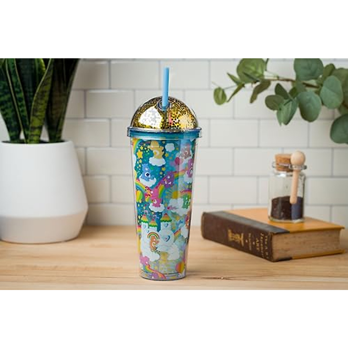 Silver Buffalo Care Bears Travel Tumbler, 24 Ounces - Featuring Love-A-Lot, Tenderheart, Grumpy, Cheer, Bedtime Bears - Glitter Top Dome