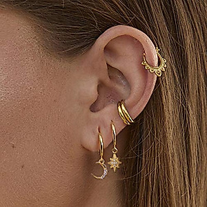 14K Gold Star Moon Hoop Earrings,Shiny Gold Dainty Moissanite Dangle Drop Earrings for Women,Fashion Jewelry Gift fo Her (Style 1, 14K Gold)