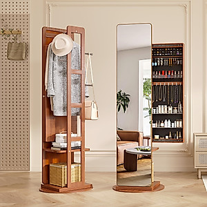 LVSOMT 360° Swivel Jewelry Armoire, Rotatable Full Length Mirror with Jewelry Storage, Standing Jewelry Cabinet with Coat Rack, Walnut, Soild Wood