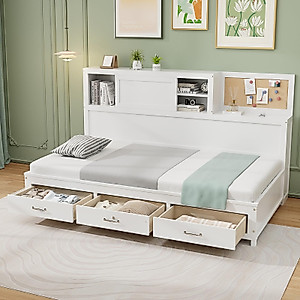 Giantex Twin Daybed with 3 Storage Drawers, Wood Day Bed with Storage Shelves, Cork Board & Sliding Door, Daybed Frame for Kids Adults Guests, No Box Spring Needed, Daybed with Storage, White