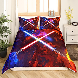 Feelyou Lightsaber Duvet Cover Lightning Red Blue Smokey Galaxy Bedding Set Future Technology Comforter Cover for Boys Girls Children Teens Bedroom Decor Bedspread Cover Queen Size with 2 Pillow Case
