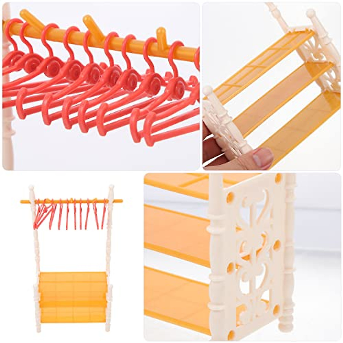 Toyvian Mini Clothes Hanger Rack Doll Dress Up Storage Rack Mini Shoe Rack for Doll Mini Clothes Rack Clothing Rack with Storage Shelf Miniature Wardrobe for Dollhouse, 10.22in