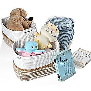 RITHLELA Woven Baskets 15"x10"x9" Cotton Rope Cube Storage Baskets Set of 3 Decorative Baskets Closet Cloth Storage Baskets and Bins for Shelves with Handles for Blanket, Laundry, Clothes - Light Tan
