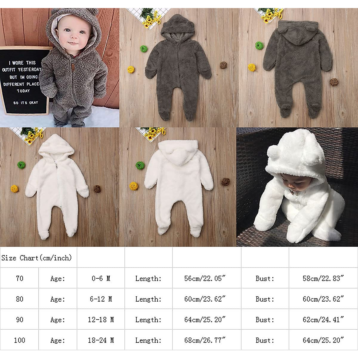LXXIASHI Newborn Infant Unisex Baby Thicken Fleece Coveralls Romper Hooded Footies Bunting Snowsuit Outfit (Brown, 12-18 Months (New)