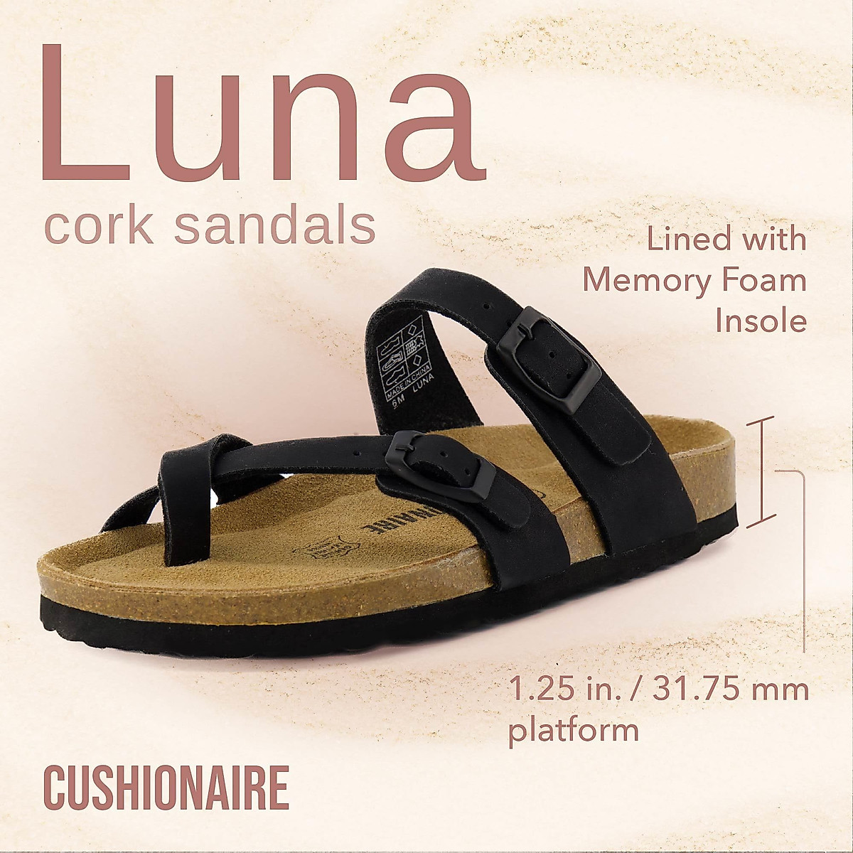 CUSHIONAIRE Luna Cork Footbed Women's Sandals - Comfortable Slip-On Slides with Adjustable Straps & Memory Foam for All-Day Wear | Beach Essential Summer Sandals for Women 2025, BLACK 9