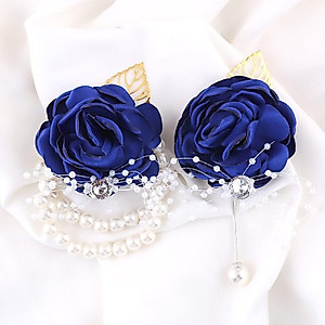 WANLIAN Blue Bridesmaid Wrist Corsage Wedding Flowers Prom Rose Corsage and Boutonniere Set for Wedding Party Prom Wedding Ceremony Anniversary Set of 2(Blue)