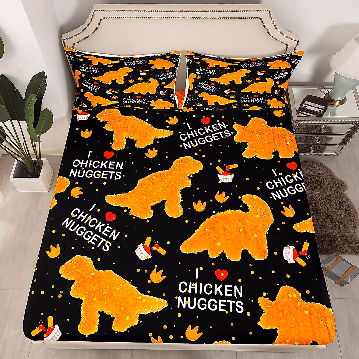 Chicken Nuggets Fitted Sheet Queen Size Kids Cute Dino Bedding Set for Boys Teens Dinosaur Bed Sheet Set Fried Food Print Bed Cover Room Decor