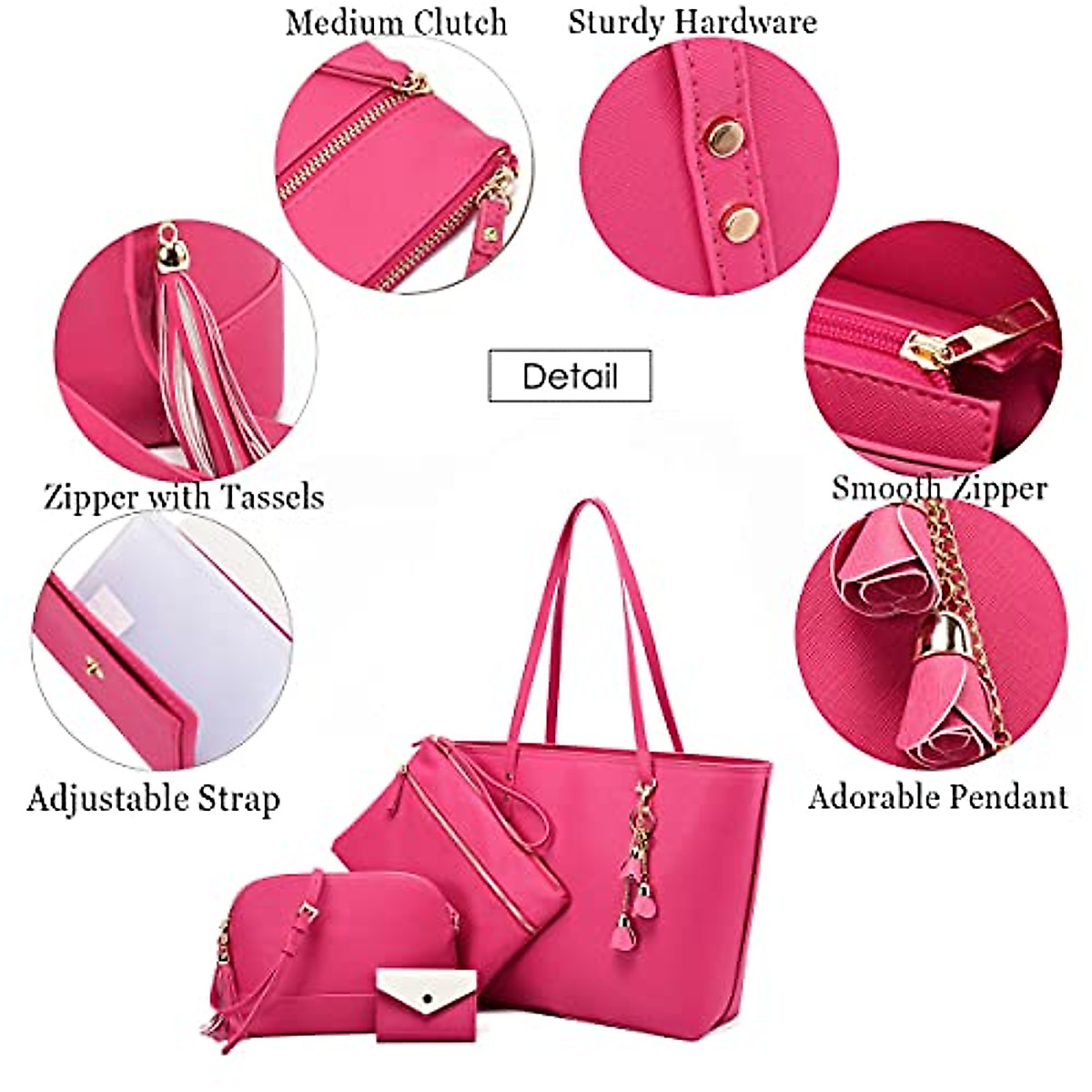 Women Fashion Handbags Wallet Tote Bag Shoulder Bag Top Handle Satchel Clutch Purse Set 4pcs Set Pink