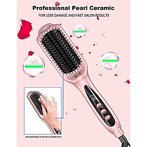 LANDOT Hair Straightener Brush Heated Straightening Brush: Negative Ion Hot Hair Brush for Smooth Frizz-Free Hair - Ceramic Flat Iron Brush - Dual Voltage Fast Heating Rose Gold