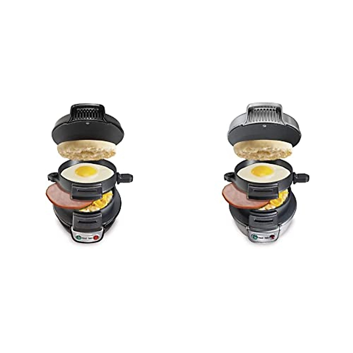 Hamilton Beach Breakfast Sandwich Maker, Black & Breakfast Sandwich Maker with Egg Cooker Ring, Customize Ingredients, Perfect for English Muffins, Croissants, Mini Waffles, Single, Silver
