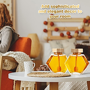 Sunnyray 8 Pcs 220 ml Glass Honey Jars with Dipper Hexagonal Honey Pot Jars Clear Glass Honey Dispenser Small Honey Containers Honey Bottle with Wooden Dipper and Cork Lid for Home Storage Kitchen
