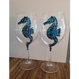 Seahorse Blue Green Hand Painted Wine Glasses Set of 2